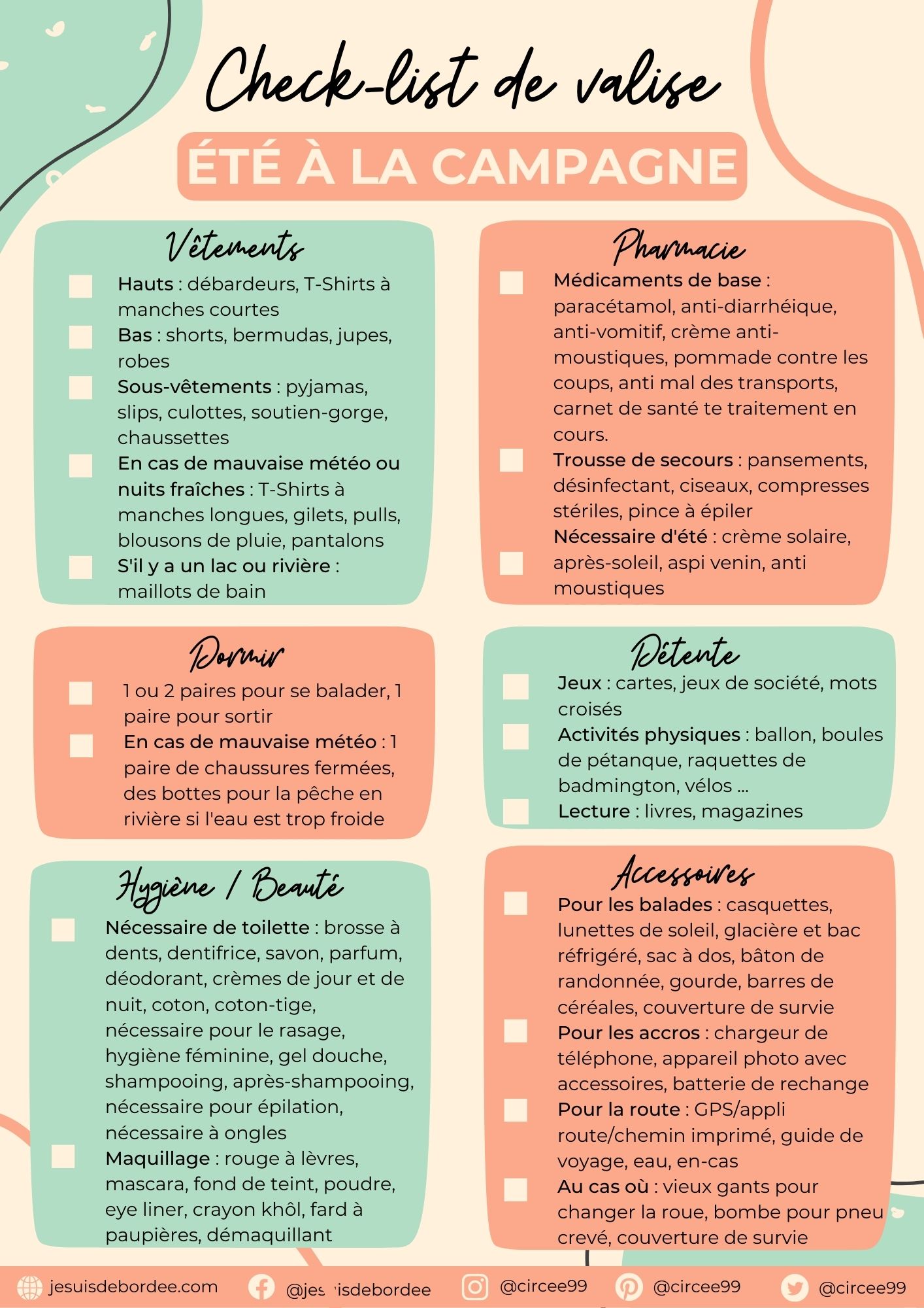 Check-list valise d'été à la campagne à imprimer | Je suis débordée